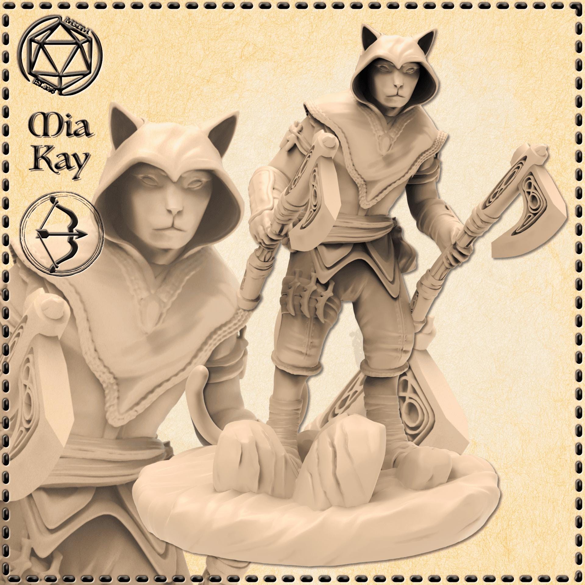 Catfolk Rogue with Axes miniature by M3DM – Planar Gateway Miniatures